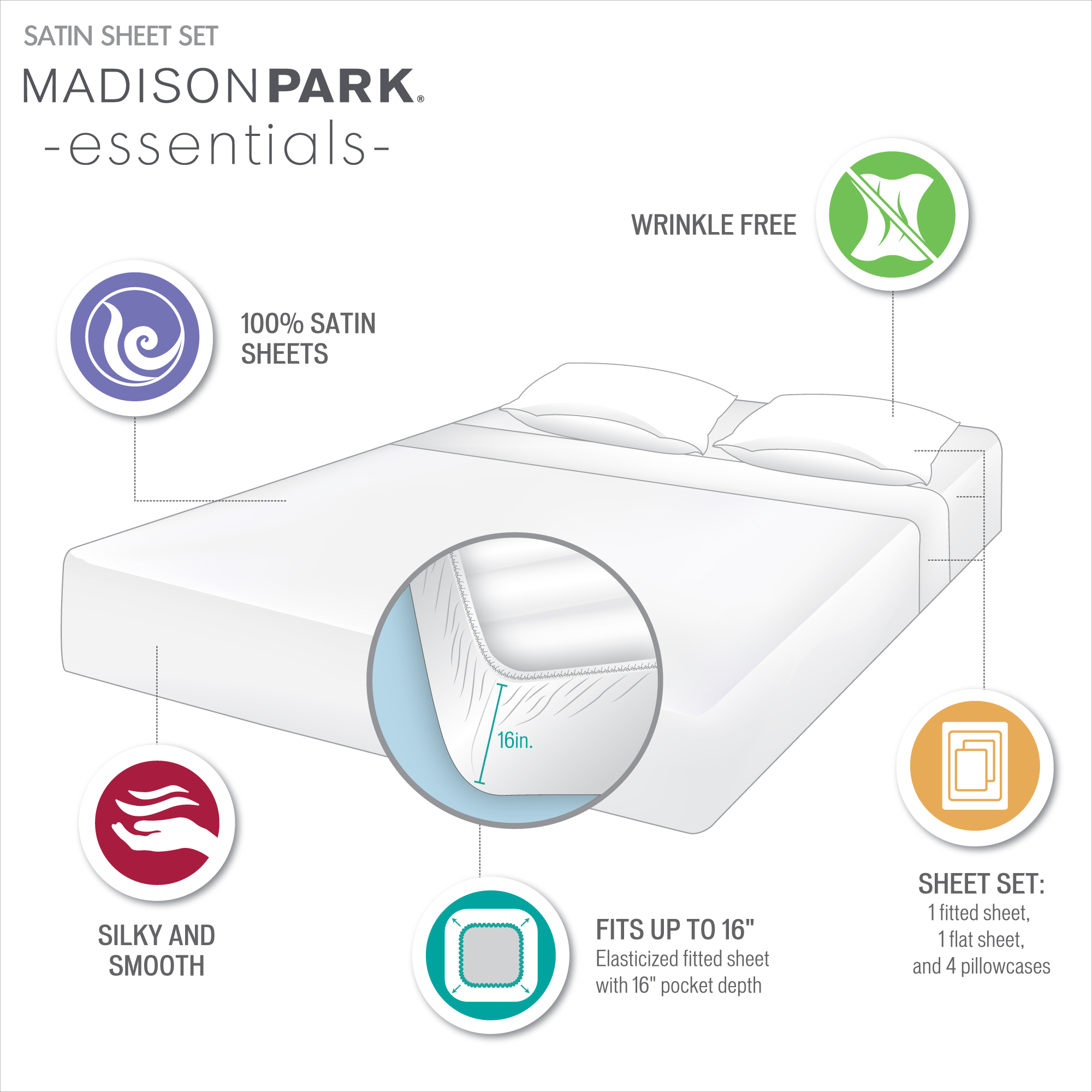 Madison Park Essentials Satin Luxury 6 PC Sheet Set | eBay